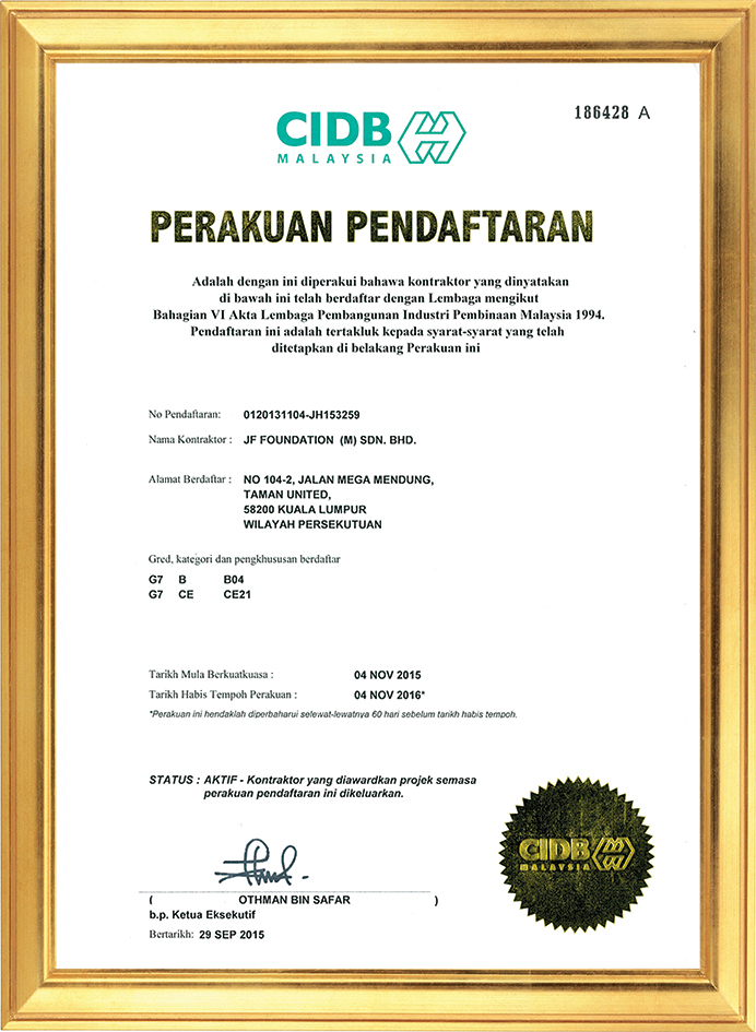 CIDB G7 Certificate Piling Contractors Bored Piling Contractor 